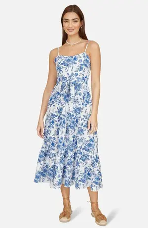 YUMI Floral Strappy Tie Front Midi Dress - Blue