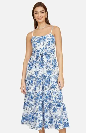 YUMI Floral Strappy Tie Front Midi Dress