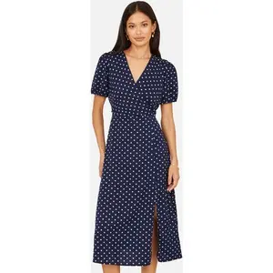 YUMI Spot Wrap Midi Tea Dress - Navy