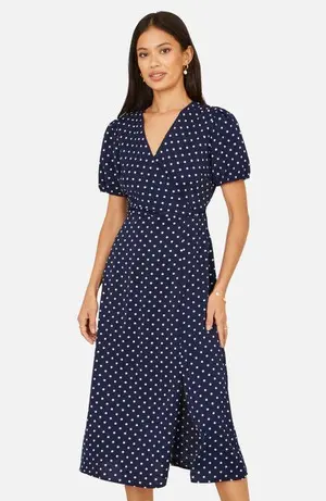 YUMI Spot Wrap Midi Tea Dress - Navy