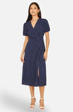 YUMI Spot Wrap Midi Tea Dress - Navy