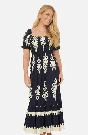 YUMI Block Print Viscose Ruched Midi Dress