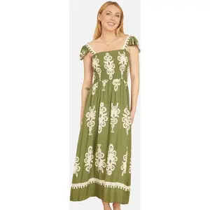 YUMI Block Print Ruched Maxi Dress - Green