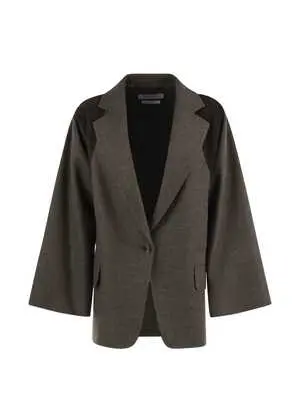 Max Mara Fenice Blazer In Virgin Wool With Leather Inserts - Gray