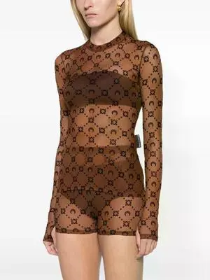 MARINE SERRE Moonogram Mesh Flock Long Sleeve Highneck Top - Brown