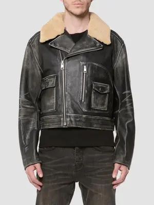 PURPLE BRAND Faux-shearling Collar Leather Moto Jacket
