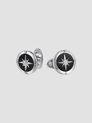 GABRIEL & CO Polaris Sterling Black Onyx & 0.09 Tcw Diamond Compass Cufflinks - Silver