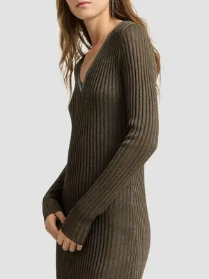 Brunello Cucinelli Sparkling Rib Knit Dress With Precious Collar