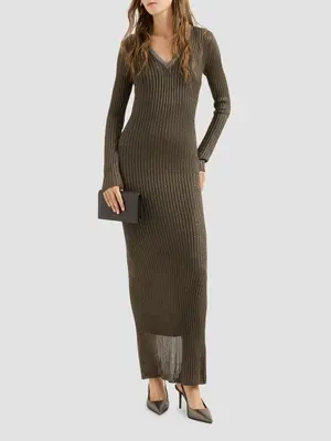 Brunello Cucinelli Sparkling Rib Knit Dress With Precious Collar