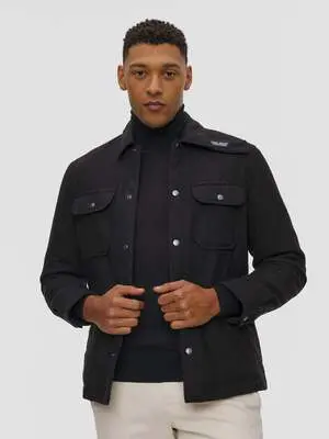 Woolrich Wool Shirt Jacket With Removable Logo Tab, Patch Pockets & Snap Cuffs