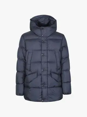 Woolrich Horizontal Quilted Hooded Jacket With Turtleneck, Drawstring Hem & Concealed Pockets - Blu