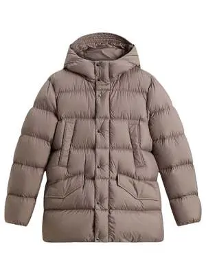 Woolrich Horizontal Quilted Hooded Puffer Jacket With Turtleneck & Adjustable Hem - Marrone