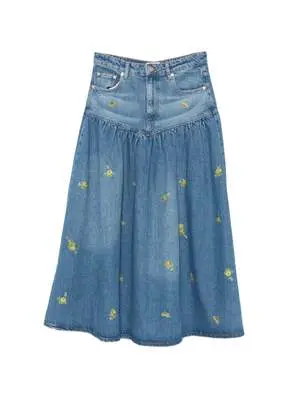 GANNI Long Denim Skirt With Floral Print