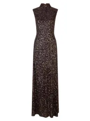 ROTATE BY BIRGER CHRISTENSEN Flared Sequin Maxi Dress With High Neck Sleeveless Back Zip - Marrone