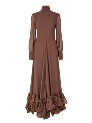 ROTATE BY BIRGER CHRISTENSEN High-neck Maxi Dress With Sheer Long Sleeves And Ruffled Skirt - Marrone