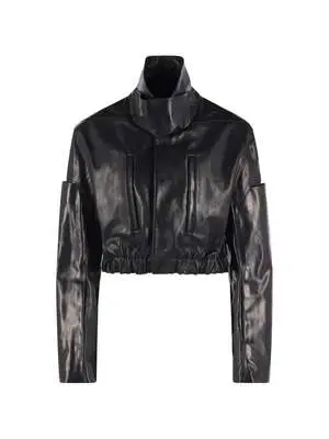 Rick Owens Stiff Leather Jacket With Removable High Collar And Drawstring Hem