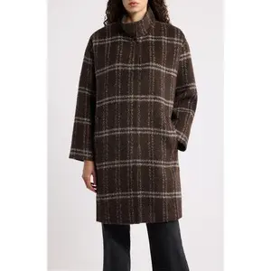 Eileen Fisher High Collar Grid Alpaca Blend Coat - Coffe
