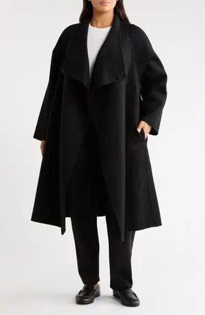 Eileen Fisher Drape Neck Wool Coat - Black