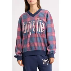 BOYS LIE Kelly Hayley Graphic Plaid V-neck Sweatshirt - Navy Multi