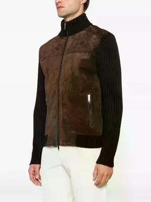 DANIELE FIESOLI Suede-panelled Ribbed-knit Cardigan