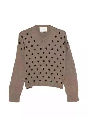 VANISE Polka-dot V-neck Sweater - Brown