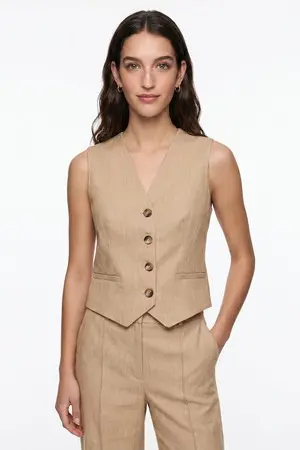 EXQUISE Linen Blend Vest With Back Buckle - Camel