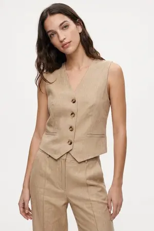 EXQUISE Linen Blend Vest With Back Buckle