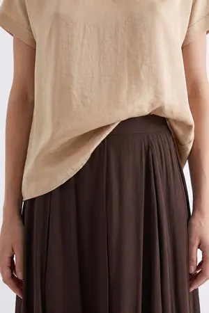 EXQUISE Short Sleeve Satin Blouse With Ribbed Round Neck
