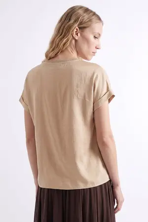 EXQUISE Short Sleeve Satin Blouse With Ribbed Round Neck