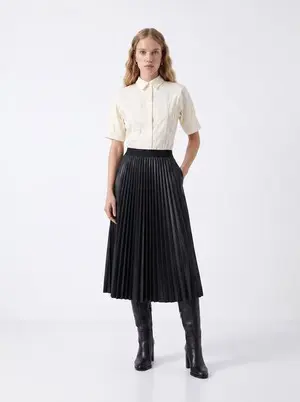 EXQUISE Pleated Faux Leather Midi Skirt With Elastic Waist
