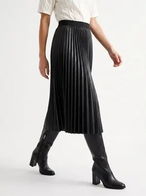 EXQUISE Pleated Faux Leather Midi Skirt With Elastic Waist