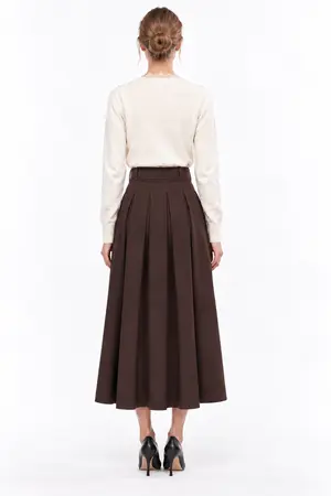EXQUISE High Waist Pleated Midi Skirt With Buckle Belt - Brown