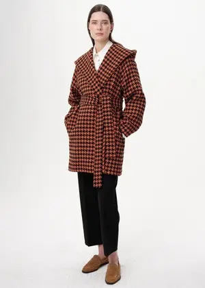 EXQUISE Belted Hooded Woven Coat With Pockets - Orange