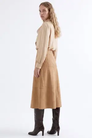 EXQUISE Stitch Detail Suede Midi Skirt With Zipper