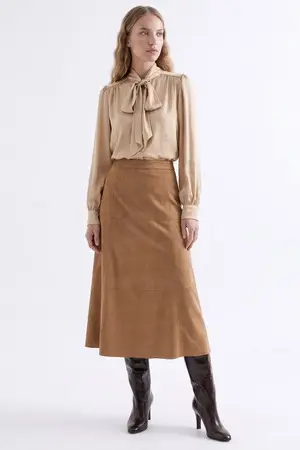 EXQUISE Stitch Detail Suede Midi Skirt With Zipper