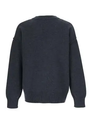 AMI Paris Grey V-neck Cardigan With Adc Embroidery On The Front In Wool For