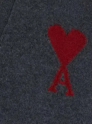 AMI Paris Grey V-neck Cardigan With Adc Embroidery On The Front In Wool For