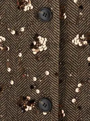 LEPLAIN Brown Coat With Notched Revers And All-over Sequins In Fabric And Wool For