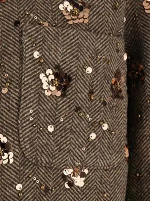 LEPLAIN Brown Short Coat With Notched Revers And All-over Sequins In Fabric And Wool For