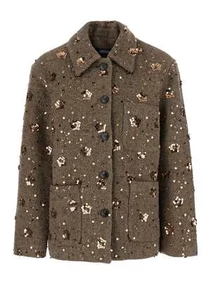 LEPLAIN Brown Short Coat With Notched Revers And All-over Sequins In Fabric And Wool For - Multicolor