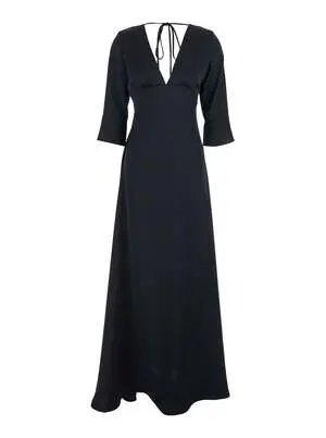 LEPLAIN Black Maxi Dress With Front And Rear V Neck And Maxi Bow On The Rear In Cady - Multicolor