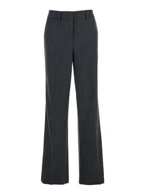 LEPLAIN Grey Pants With Belt Loops And All-over Striped Motif In Wool Blend - Multicolor