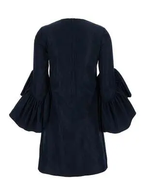 LEPLAIN Blue Crew Neck Dress With Flared Draped Sleeves For