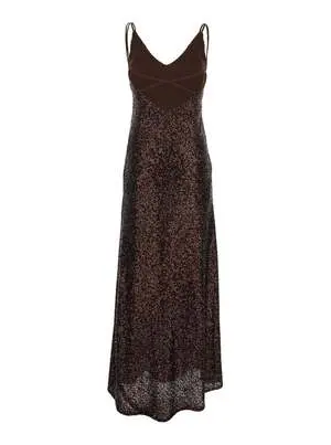 LEPLAIN Long Dress Plain With Straps And All-over Applied Sequins In Brown Fabric For