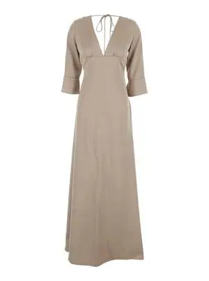 LEPLAIN Beige Maxi Dress With Front And Rear V Neck And Maxi Bow On The Rear In Cady - Cream