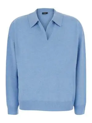 LEPLAIN Light Polo Shirt-style Collar Sweater With Ribbed Trims In Cashmere For - Blue