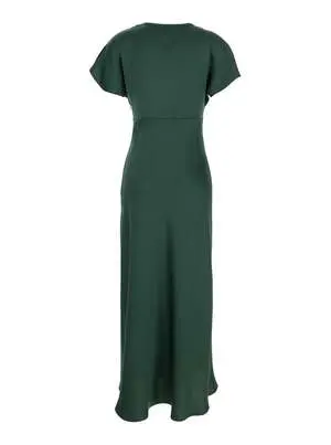 LEPLAIN Green Long Dress With V-neck And Ruffles On The Front In Tech Fabric