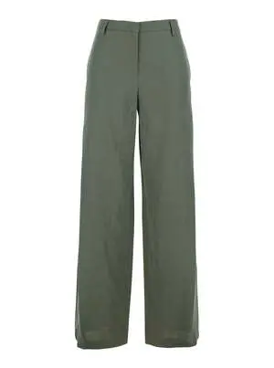 LEPLAIN Wide Leg Linen Pants With Belt Loops - Green