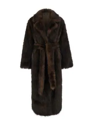 LEPLAIN Long Coat With Notched Revers And Adjustable Waist Belt In Eco-fur For - Brown