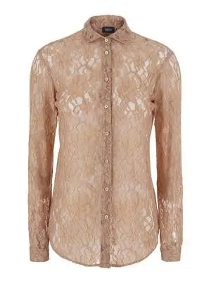 LEPLAIN Beige Shirt With Classic Collar And All-over Lace Embroidery In Fabric For - Cream